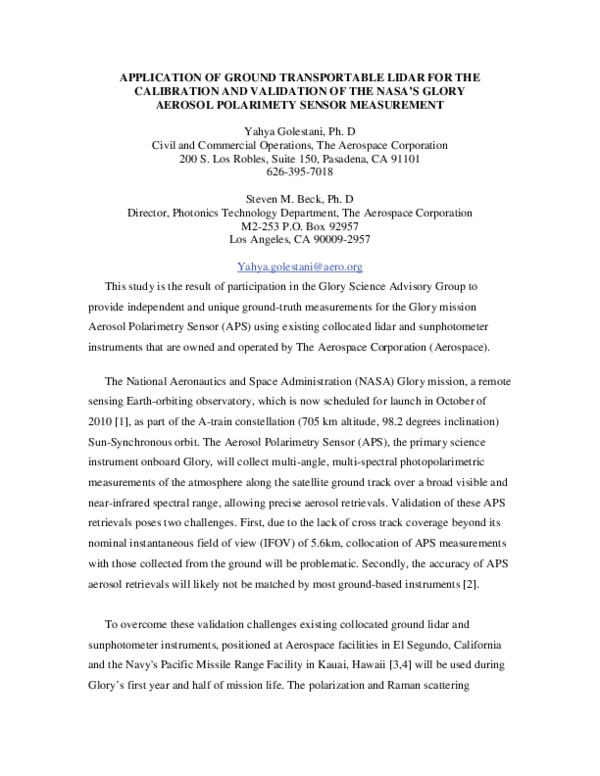 (PDF) Application of Ground Transportable Lidar for the Calibration and ...