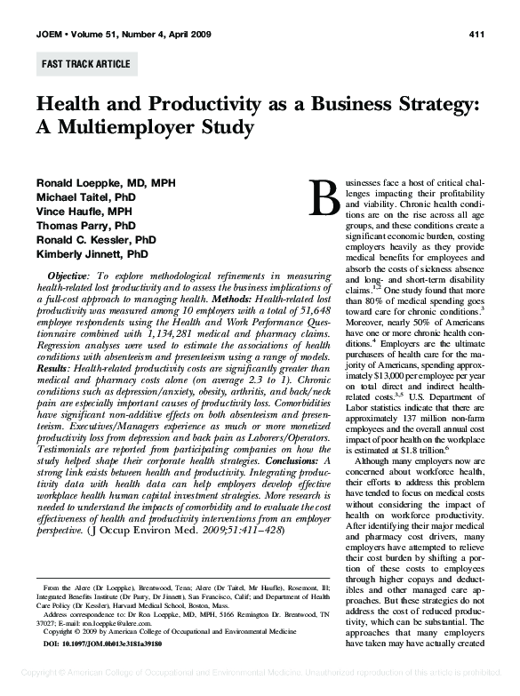 (PDF) Health and Productivity as a Business Strategy: A Multiemployer Study