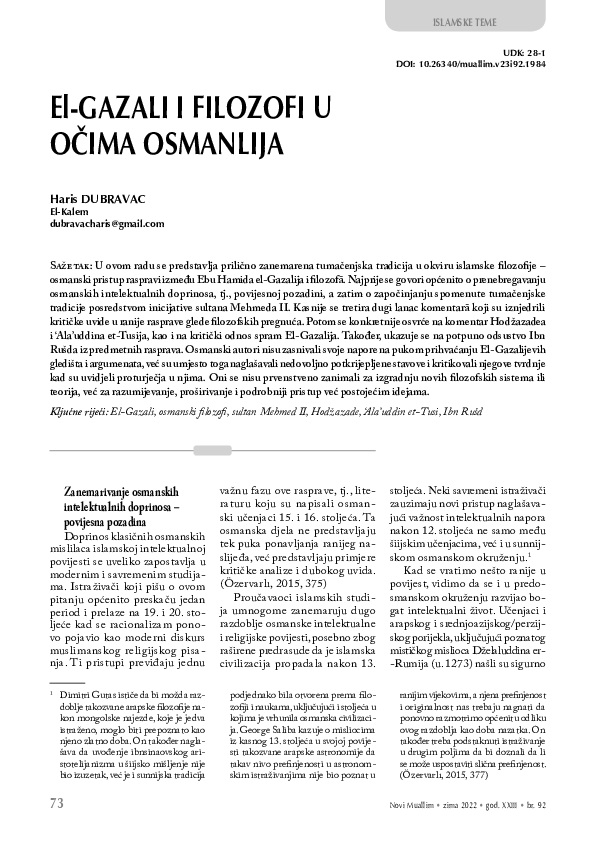 (PDF) El-Gazali i filozofi u očima Osmanlija (Al-Ghazālī and the ...