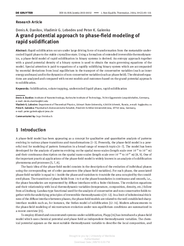 Pdf A Grand Potential Approach To Phase Field Modeling Of Rapid Solidification
