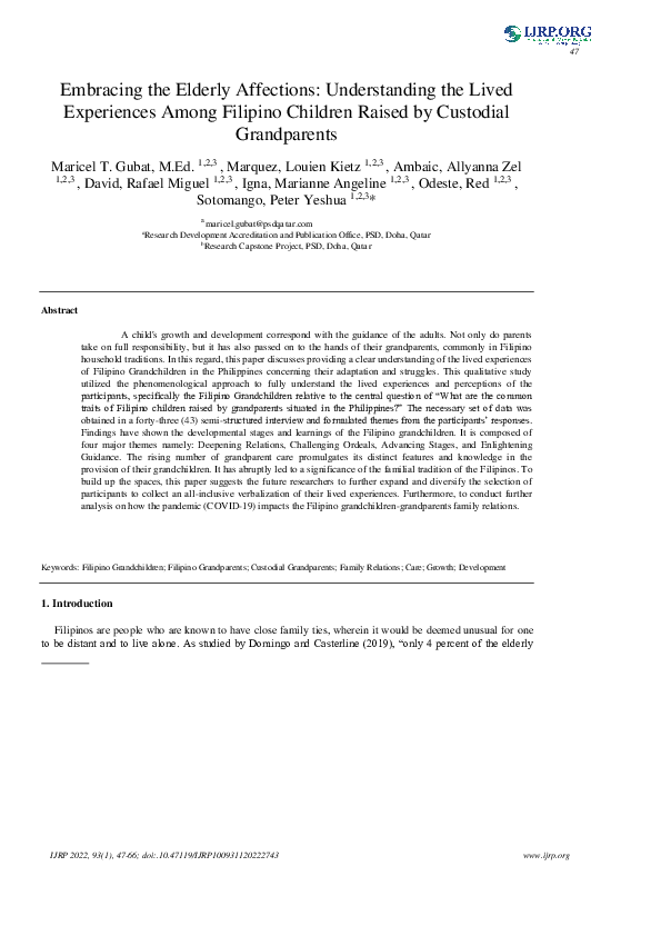 (PDF) Embracing the Elderly Affections: Understanding the Lived Experiences Among Filipino ...