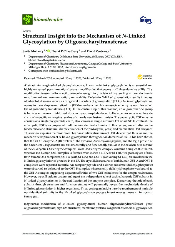 (PDF) Structural Insight into the Mechanism of N-Linked Glycosylation by Oligosaccharyltransferase
