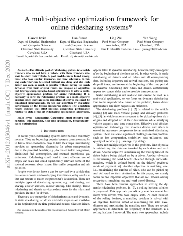 Pdf A Multi Objective Optimization Framework For Online Ridesharing