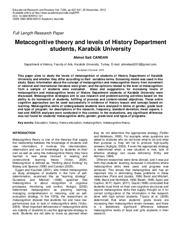 (PDF) Metacognitive Theory and Levels of History Department Students ...