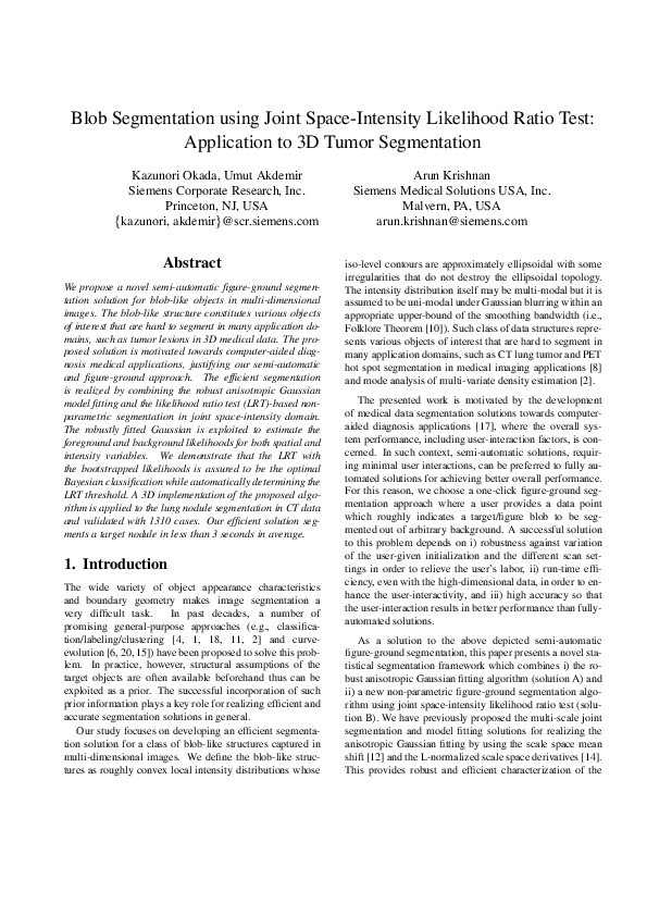 Pdf Blob Segmentation Using Joint Space Intensity Likelihood Ratio Test Application To 3d