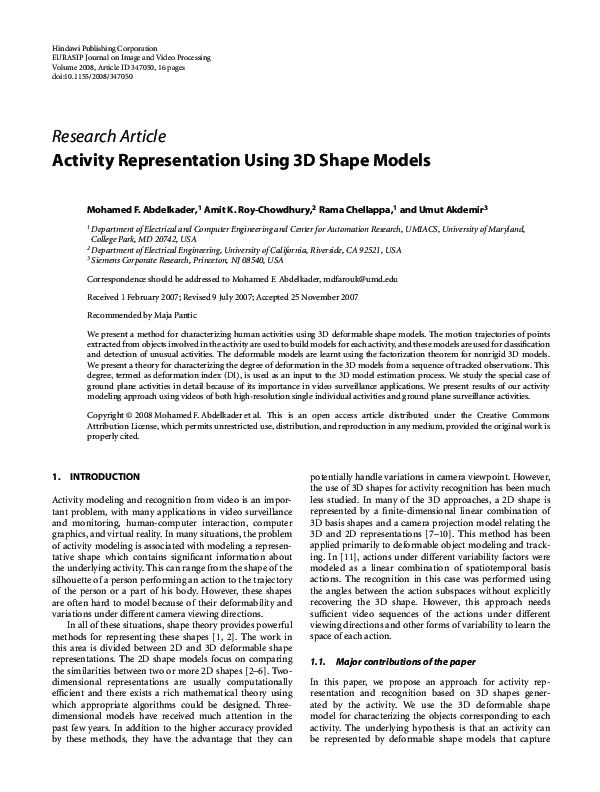 (PDF) Activity Representation Using 3D Shape Models