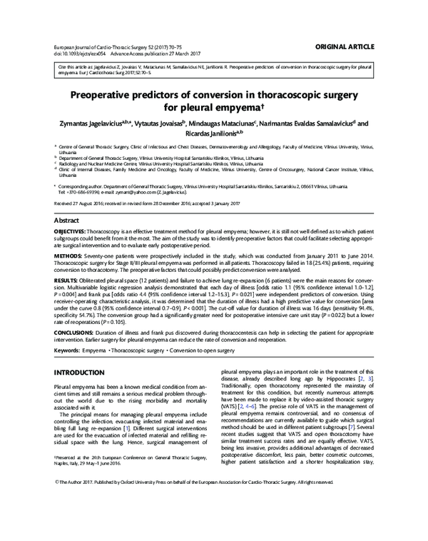 (PDF) Preoperative predictors of conversion in thoracoscopic surgery ...
