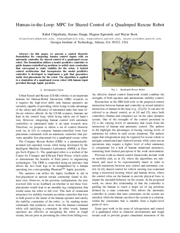 Pdf Human In The Loop Mpc For Shared Control Of A Quadruped Rescue Robot