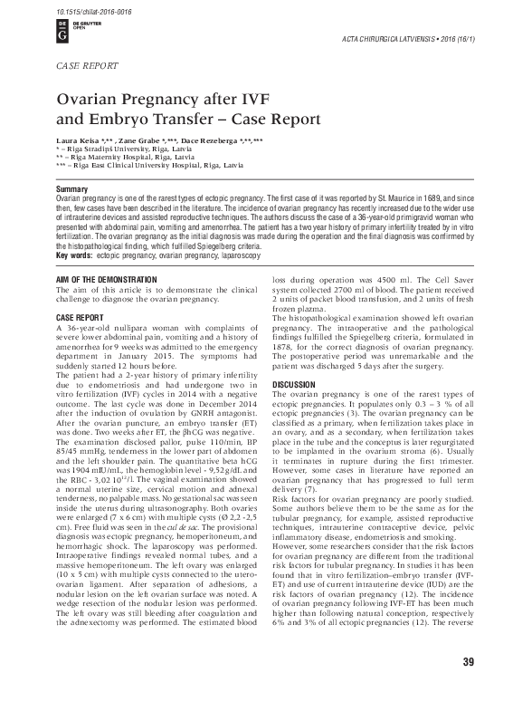 (PDF) Ovarian Pregnancy after IVF and Embryo Transfer – Case Report
