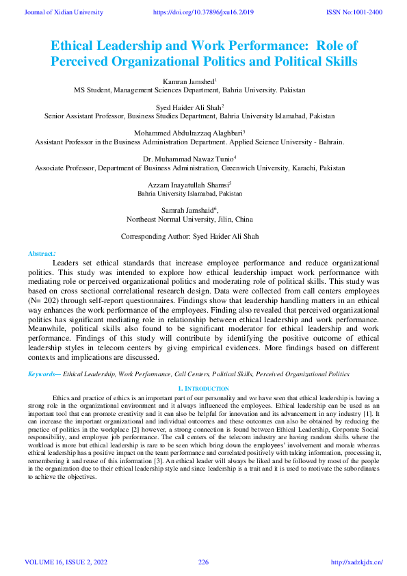 (PDF) Ethical Leadership and Work Performance: Role of Perceived Organizational Politics and ...