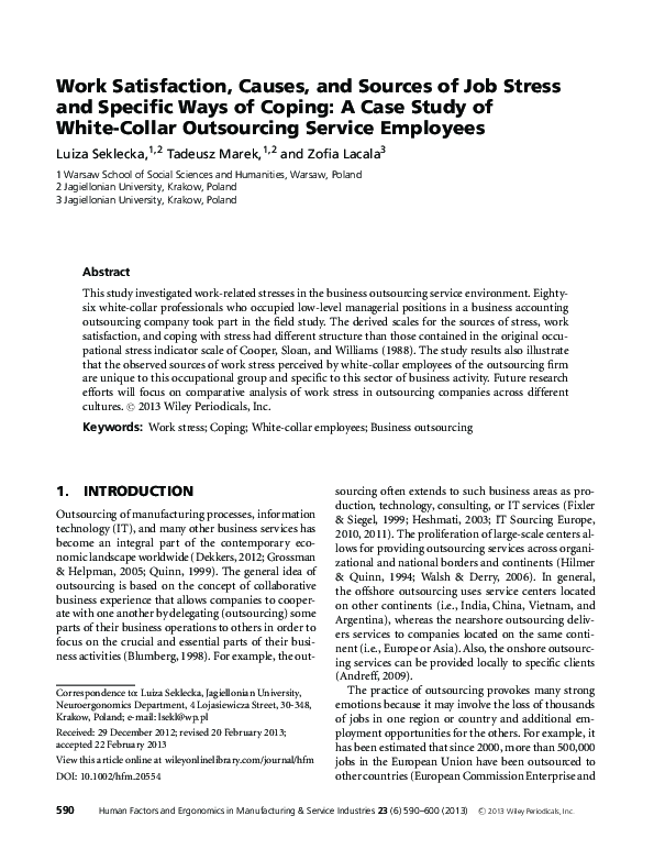 (PDF) Work Satisfaction, Causes, and Sources of Job Stress and Specific Ways of Coping: A Case ...