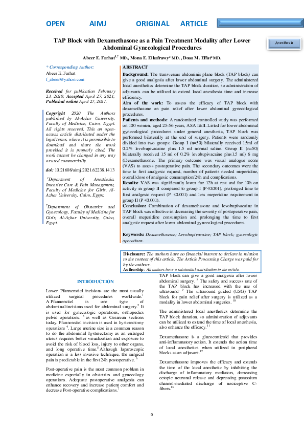 (PDF) TAP Block with dexamethasone as a Pain Treatment Modality after ...