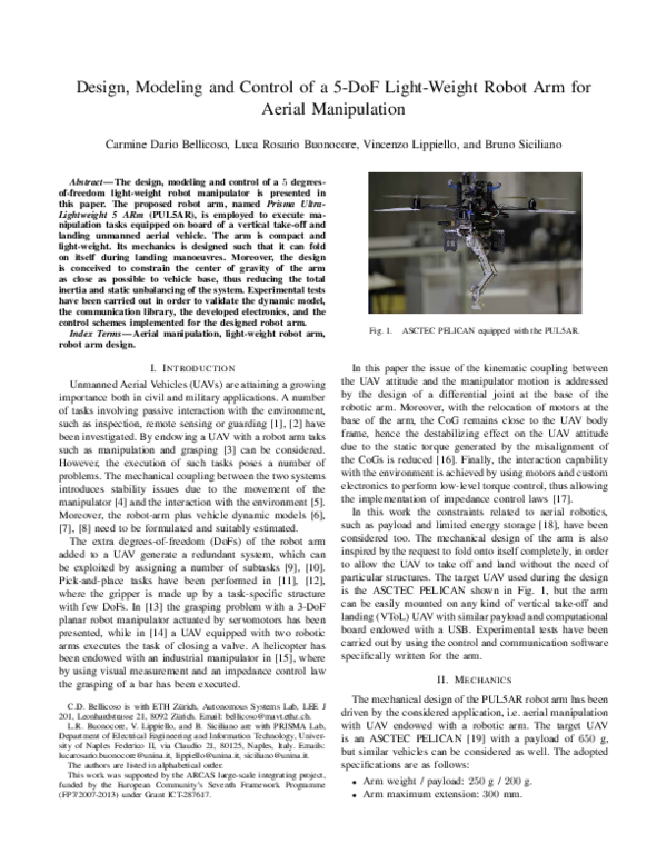 (PDF) Design, modeling and control of a 5-DoF light-weight robot arm for aerial manipulation