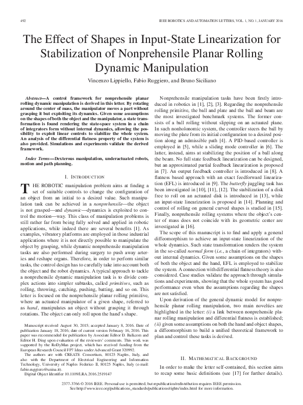 (PDF) The effect of shapes in input-state linearization for stabilization of nonprehensile ...