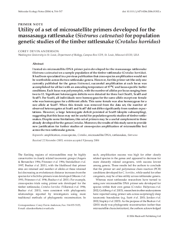 (PDF) Microsatellite Primer Utility in Timber Rattlesnake Genetics