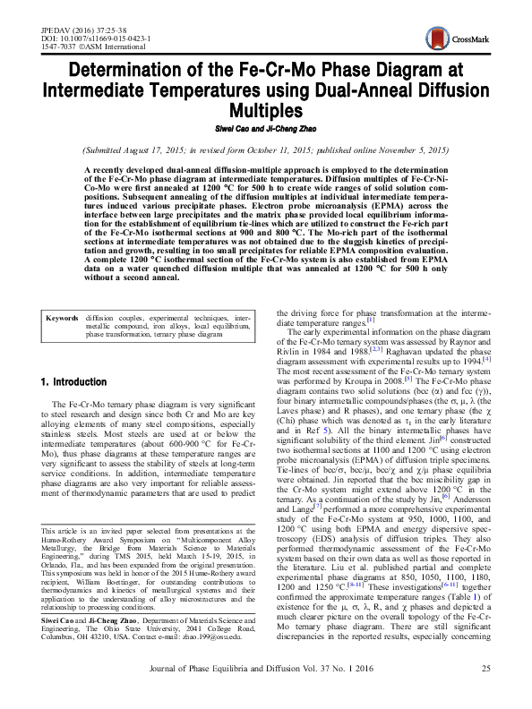 (PDF) Determination of the Fe-Cr-Mo Phase Diagram at Intermediate ...