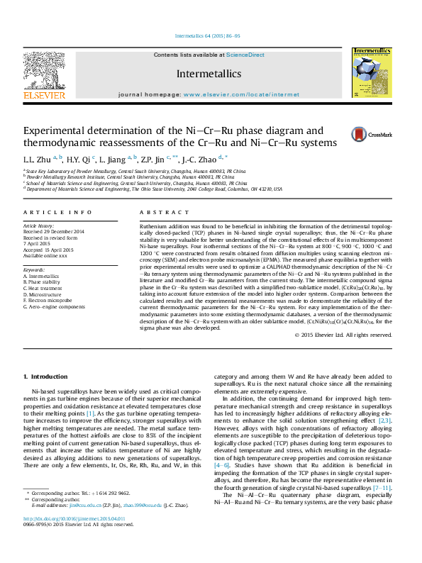 (PDF) Experimental determination of the Ni–Cr–Ru phase diagram and thermodynamic reassessments ...