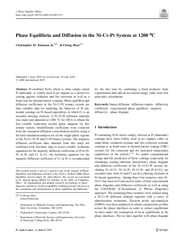 (PDF) Phase Equilibria and Diffusion in the Ni-Cr-Pt System at 1200 °C