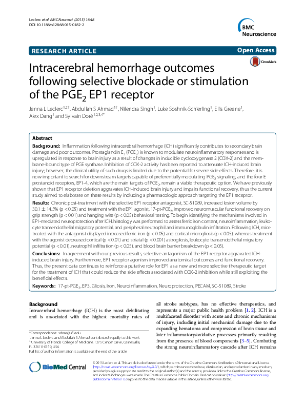 (PDF) Intracerebral hemorrhage outcomes following selective blockade or stimulation of the PGE2 ...