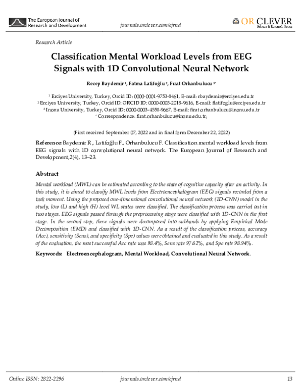 Pdf Classification Mental Workload Levels From Eeg Signals With 1d Convolutional Neural Network