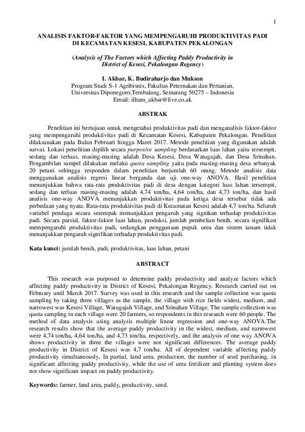 (PDF) Analisis Faktor-Faktor Yang Mempengaruhi Produktivitas Padi DI Kecamatan Kesesi, Kabupaten ...