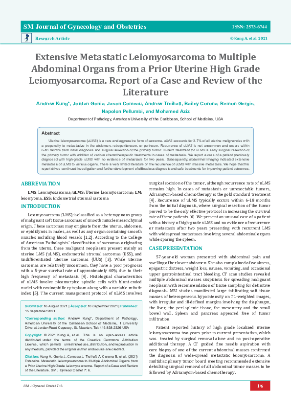 (PDF) Extensive Metastatic Leiomyosarcoma to Multiple Abdominal Organs from a Prior Uterine High ...