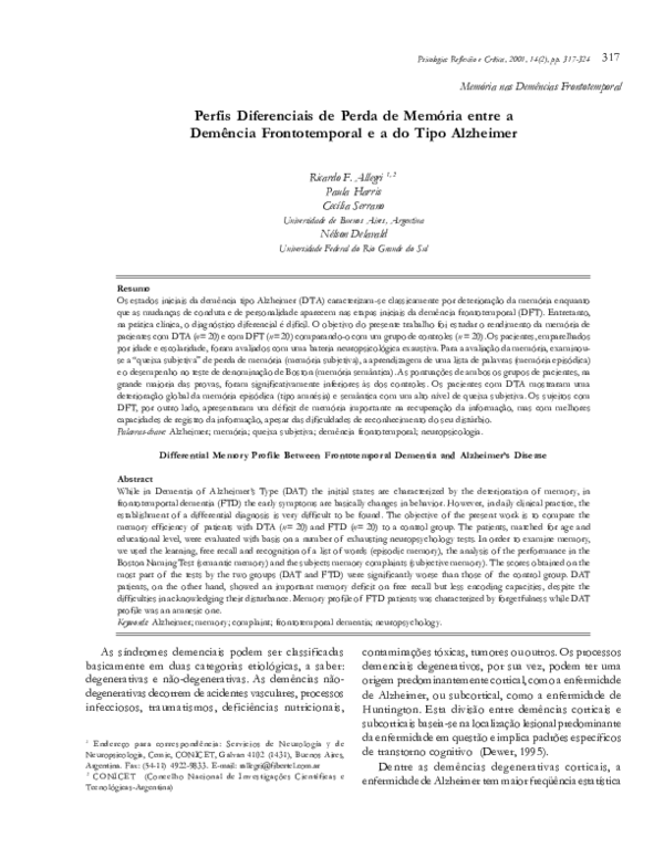 (PDF) Perfis Diferenciais de Perda de Mem ria entre a Dem ncia Frontotemporal e a do Tipo Alzheimer
