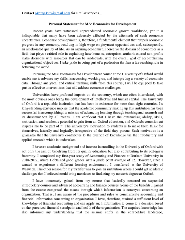 (DOC) Personal Statement for MSc Economics for Development