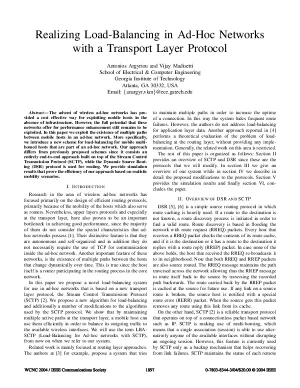 Pdf Realizing Load Balancing In Ad Hoc Networks With A Transport Layer Protocol