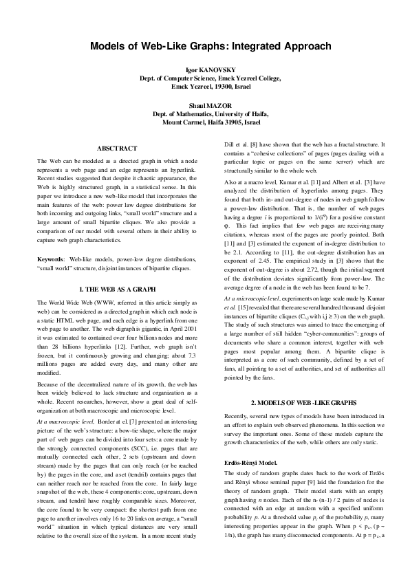 (PDF) Models of Web-Like Graphs: Integrated Approach