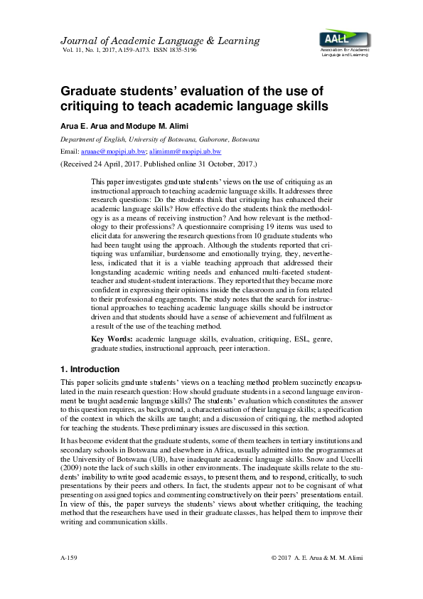 (PDF) Graduate students’ evaluation of the use of critiquing to teach ...