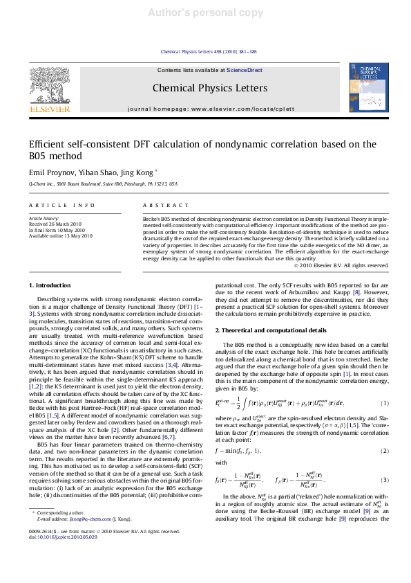 Pdf Efficient Self Consistent Dft Calculation Of Nondynamic Correlation Based On The B05 Method