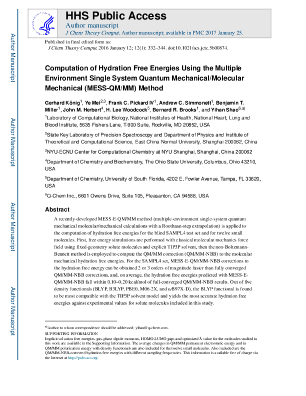 (PDF) Computation of Hydration Free Energies Using the Multiple ...