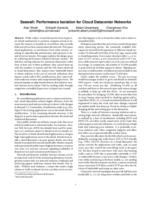 (PDF) Seawall: Performance Isolation in Cloud Datacenter Networks