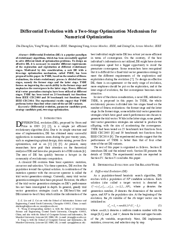 (PDF) Differential evolution with a two-stage optimization mechanism for numerical optimization