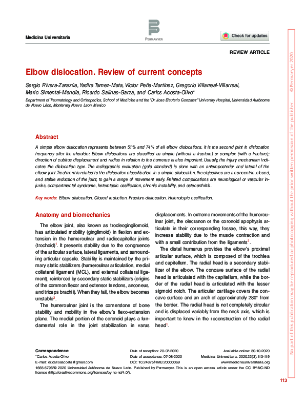 (PDF) Elbow dislocation. Review of current concepts