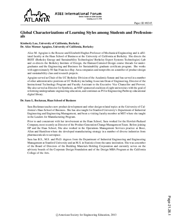 Global Characterizations of Learning Styles among Students and Professionals