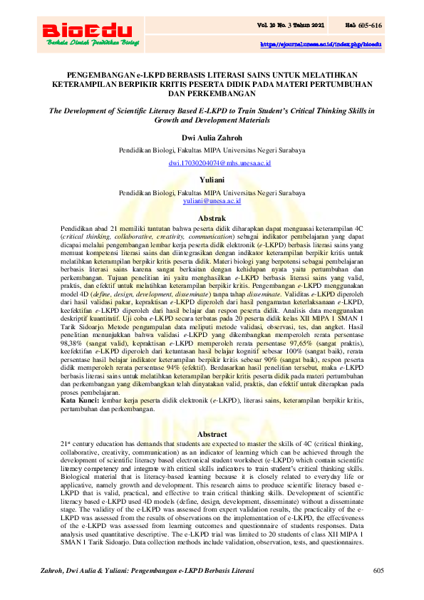 (PDF) Pengembangan e-LKPD Berbasis Literasi Sains untuk Melatihkan Keterampilan Berpikir Kritis ...