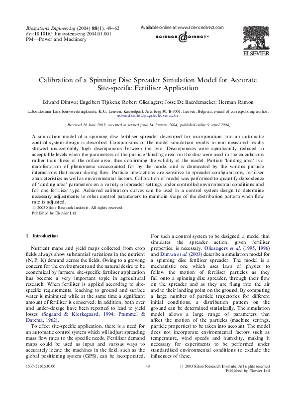 (PDF) Calibration of a Spinning Disc Spreader Simulation Model for ...