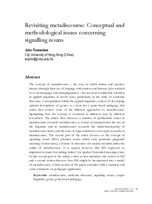 (PDF) Revisiting metadiscourse: conceptual and methodological issues concerning signalling nouns