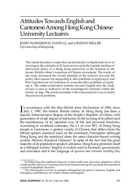(PDF) Attitudes Towards English and Cantonese among Hong Kong Chinese ...