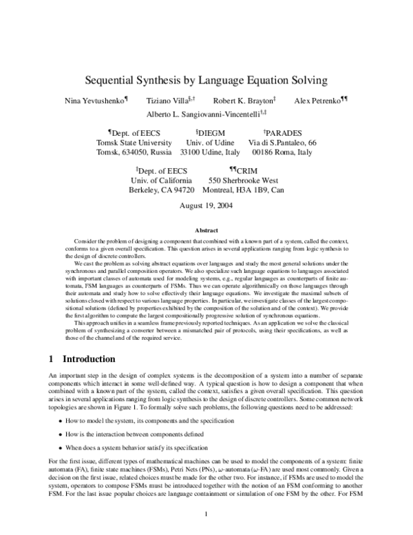 (PDF) Sequential synthesis by language equation solving