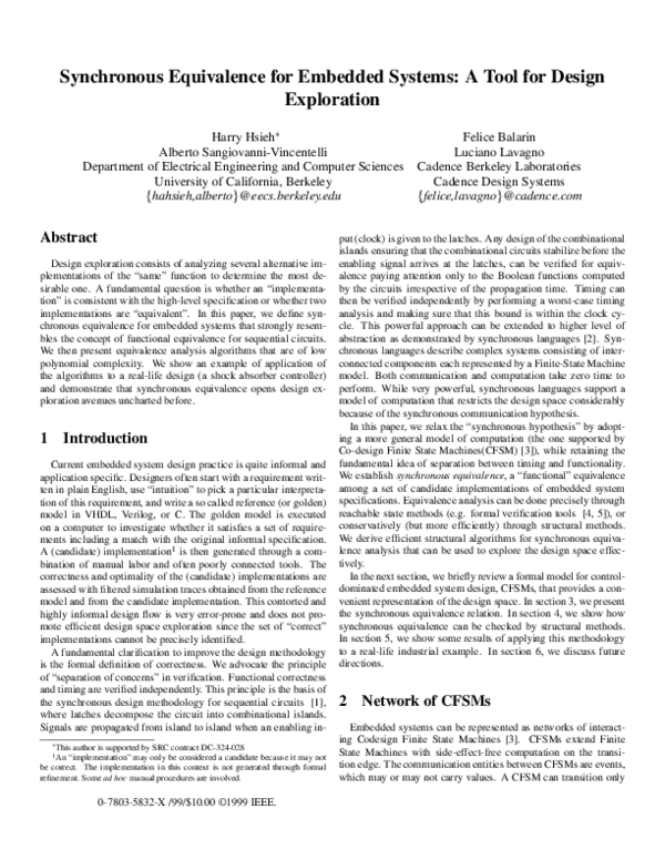 Pdf Synchronous Equivalence For Embedded Systems A Tool For Design Exploration Prof