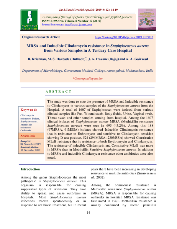 (PDF) MRSA and Inducible Clindamycin resistance in Staphylococcus aureus from Various Samples in ...