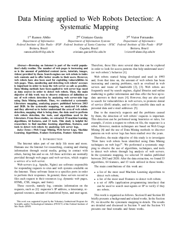 (PDF) Data Mining applied on Web Robots Detection: A Systematic Mapping