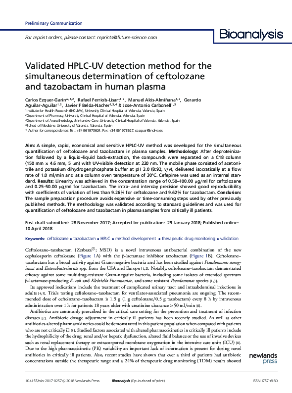 (PDF) Validated HPLC-UV detection method for the simultaneous determination of ceftolozane and ...