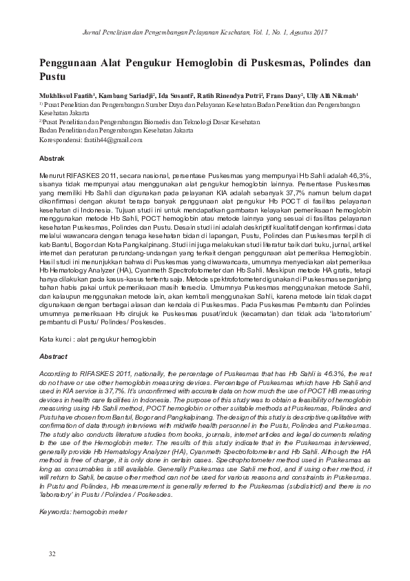 (PDF) Penggunaan Alat Pengukur Hemoglobin di Puskesmas, Polindes dan ...