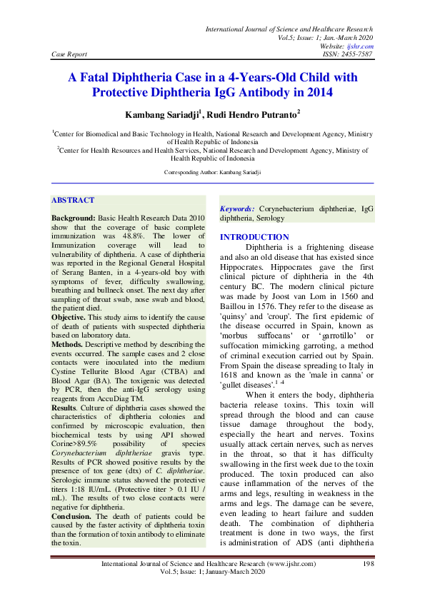 (PDF) A Fatal Diphtheria Case in a 4-Years-Old Child with Protective ...