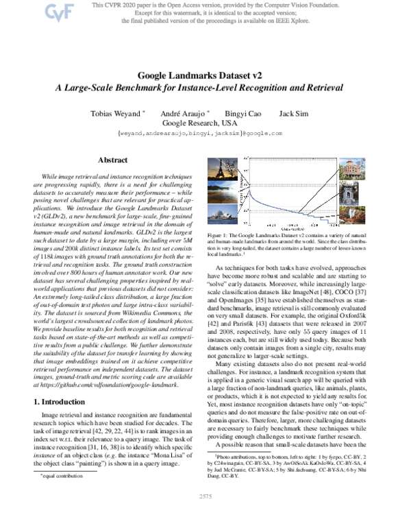 (PDF) Google Landmarks Dataset v2 – A Large-Scale Benchmark for Instance-Level Recognition and ...