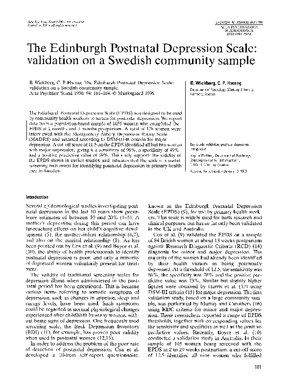 Pdf The Edinburgh Postnatal Depression Scale Validation On A Swedish